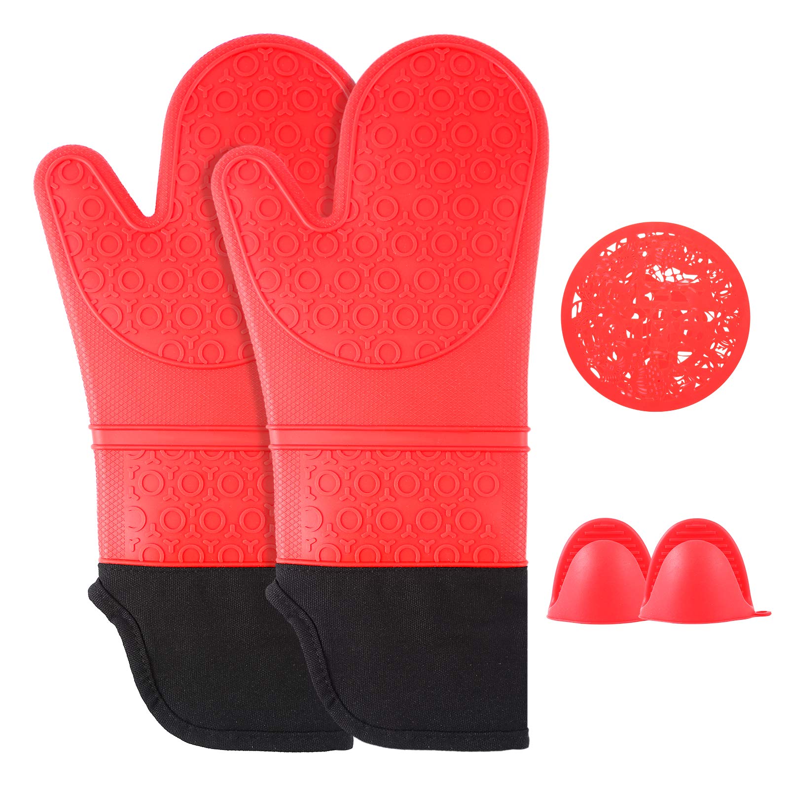 Extra Long Silicone Oven Mitts with Quilted Liner,Heat Resistant Non-Slip Kitchen Oven Gloves with Pot Holders& Mini Oven Gloves Set for Baking Cooking Barbecue, Pack of 6