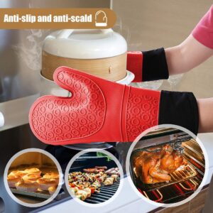 Extra Long Silicone Oven Mitts with Quilted Liner,Heat Resistant Non-Slip Kitchen Oven Gloves with Pot Holders& Mini Oven Gloves Set for Baking Cooking Barbecue, Pack of 6