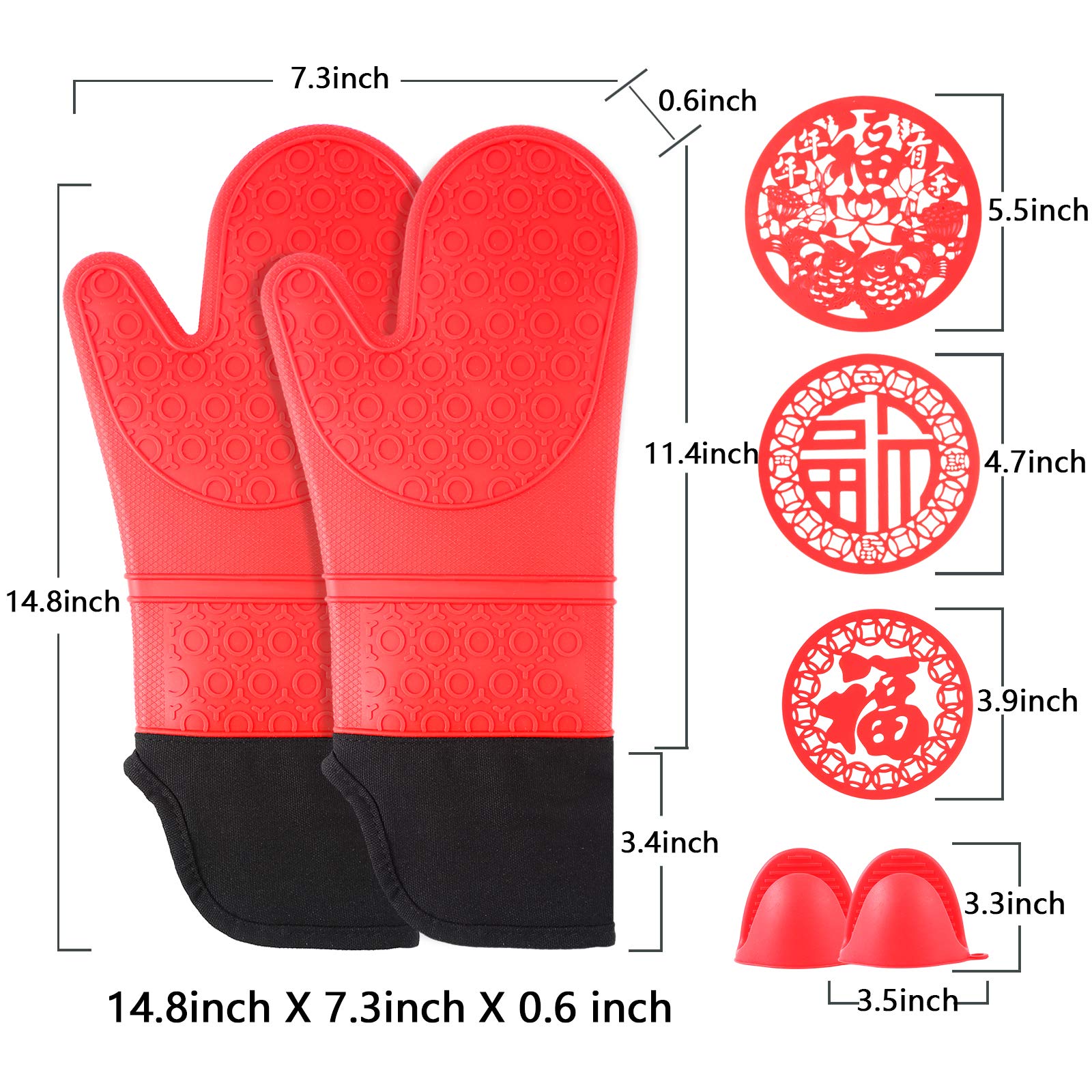 Extra Long Silicone Oven Mitts with Quilted Liner,Heat Resistant Non-Slip Kitchen Oven Gloves with Pot Holders& Mini Oven Gloves Set for Baking Cooking Barbecue, Pack of 6