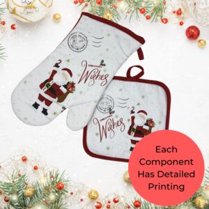 Elrene Home Fashions Santa Christmas Wishes Set of 2, 7"x13" (Oven Mitt) 8"x8" (Pot Holder), Multi