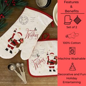 Elrene Home Fashions Santa Christmas Wishes Set of 2, 7"x13" (Oven Mitt) 8"x8" (Pot Holder), Multi