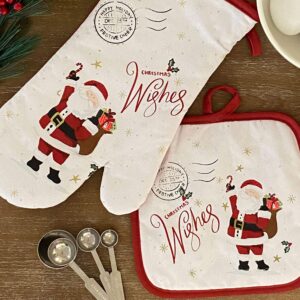 Elrene Home Fashions Santa Christmas Wishes Set of 2, 7"x13" (Oven Mitt) 8"x8" (Pot Holder), Multi