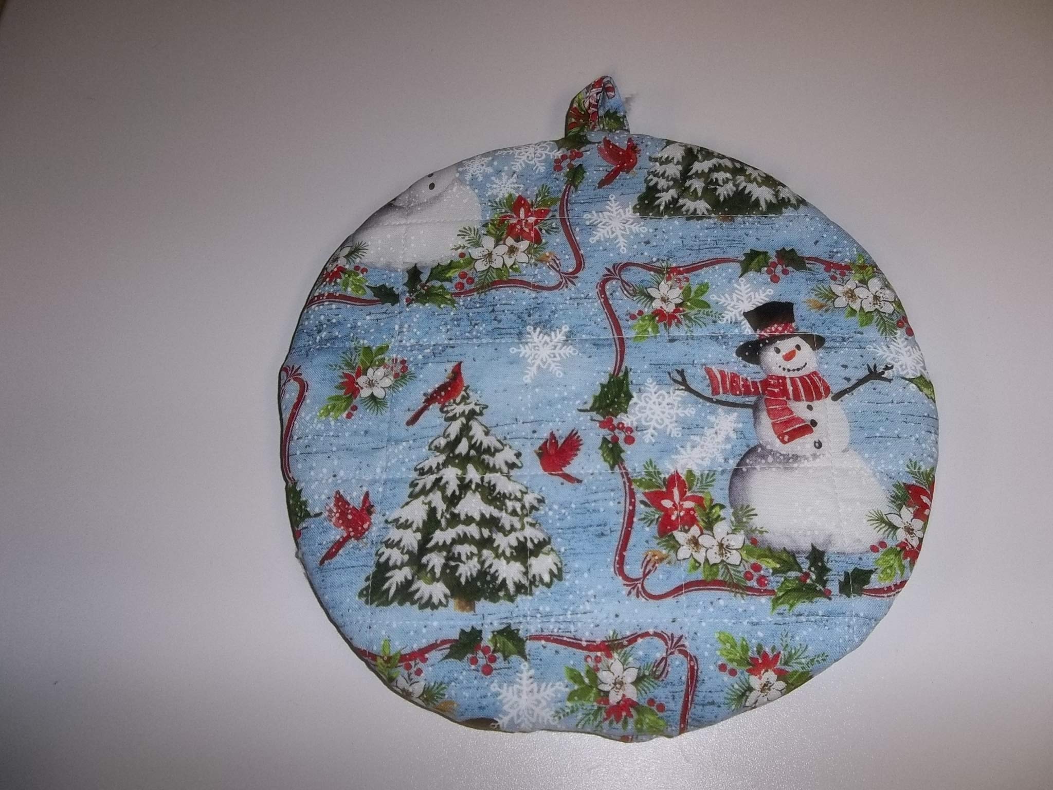 Christmas Pot Holders Snowman on Blue Handmade Heat Resistant Double Insulated Quilted Hot Pads 9 Inches Round