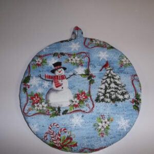 Christmas Pot Holders Snowman on Blue Handmade Heat Resistant Double Insulated Quilted Hot Pads 9 Inches Round