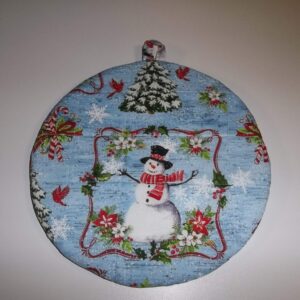 Christmas Pot Holders Snowman on Blue Handmade Heat Resistant Double Insulated Quilted Hot Pads 9 Inches Round