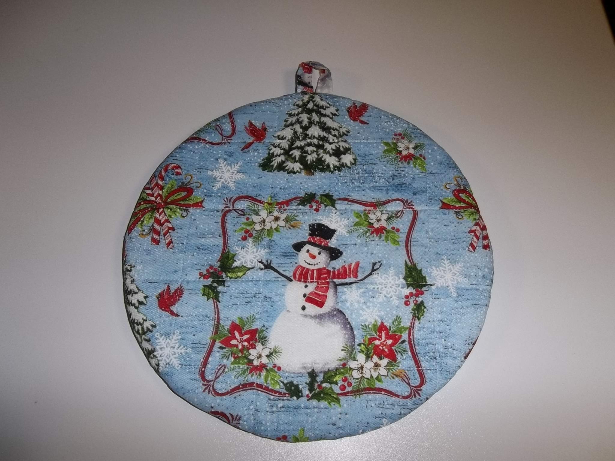 Christmas Pot Holders Snowman on Blue Handmade Heat Resistant Double Insulated Quilted Hot Pads 9 Inches Round