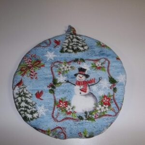 Christmas Pot Holders Snowman on Blue Handmade Heat Resistant Double Insulated Quilted Hot Pads 9 Inches Round