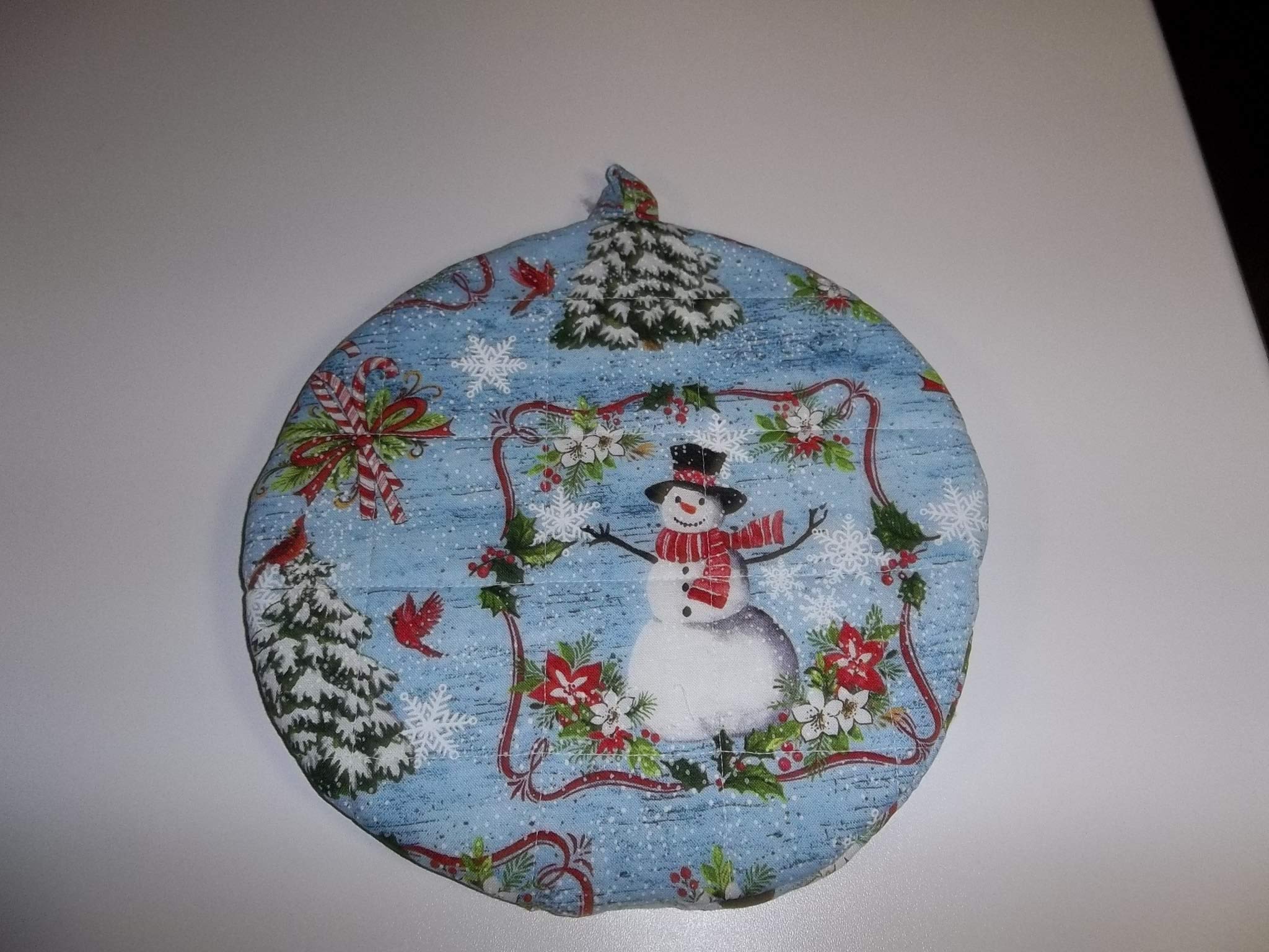 Christmas Pot Holders Snowman on Blue Handmade Heat Resistant Double Insulated Quilted Hot Pads 9 Inches Round