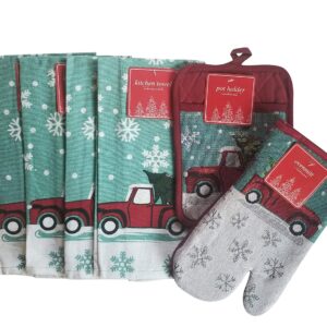 Seasonal Holiday Kitchen Linen Set Placemats Napkins Pot Holder Oven Mit (4 Retro Pickup Truck Towels w Pot Holder & Oven Mitt)