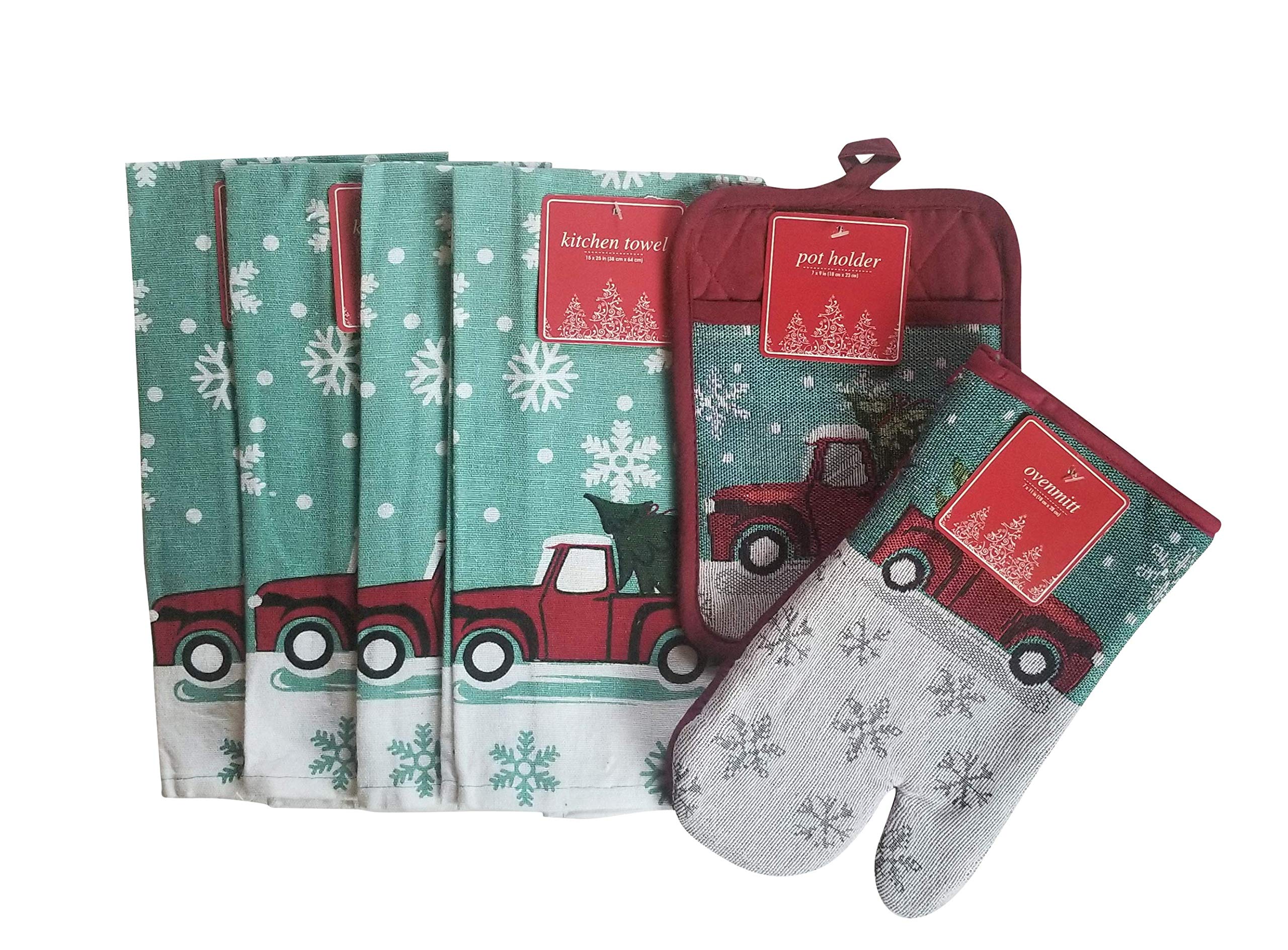 Seasonal Holiday Kitchen Linen Set Placemats Napkins Pot Holder Oven Mit (4 Retro Pickup Truck Towels w Pot Holder & Oven Mitt)