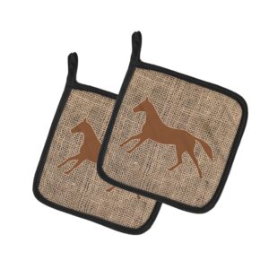 caroline's treasures bb1003-bl-bn-pthd horse burlap and brown pair of pot holders, brown kitchen heat resistant pot holders sets oven hot pads for cooking baking bbq, 7 1/2 x 7 1/2