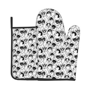 siberian husky oven mitts & pot holders sets potholders with hanging loop non-slip kitchen cooking gloves for bbq baking grilling