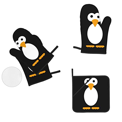 Cute Penguin Oven Mitts and Potholders BBQ Gloves Waterproof and Durable for Cooking Baking Grilling 4-Piece Set