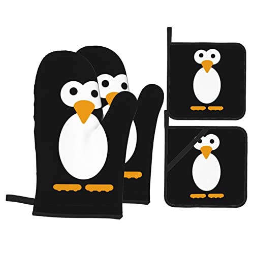 Cute Penguin Oven Mitts and Potholders BBQ Gloves Waterproof and Durable for Cooking Baking Grilling 4-Piece Set