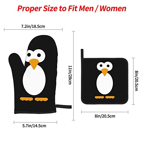 Cute Penguin Oven Mitts and Potholders BBQ Gloves Waterproof and Durable for Cooking Baking Grilling 4-Piece Set