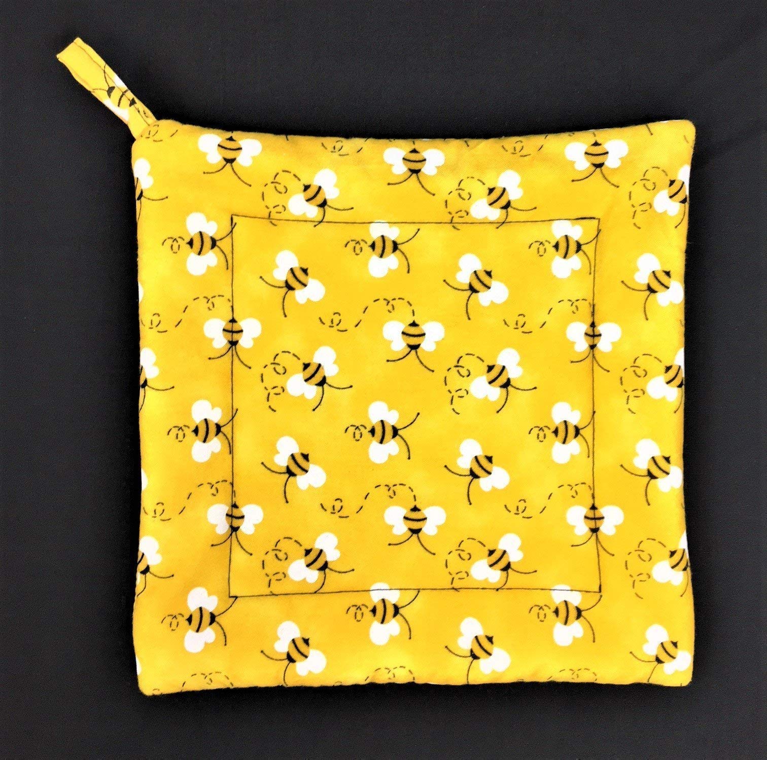 Honey Bumble Bees Black and White on Yellow Gift for Beekeeper Square Pot Holder Hot Pad Pan Plate Trivet