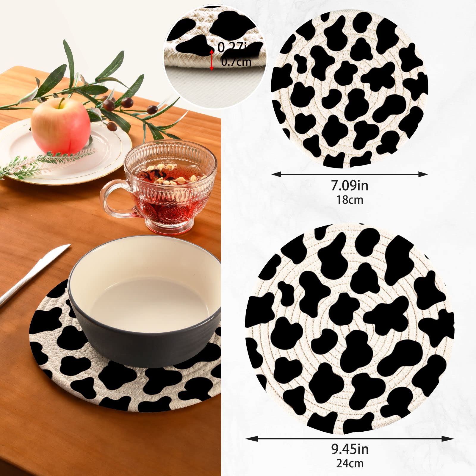 Cow Hide Pot Holders Set Trivets Set 2 PCS Heat Resistant Round Coasters Cotton Thread Weave Hot Pads for Hot Dishes Pot Pans Bowl