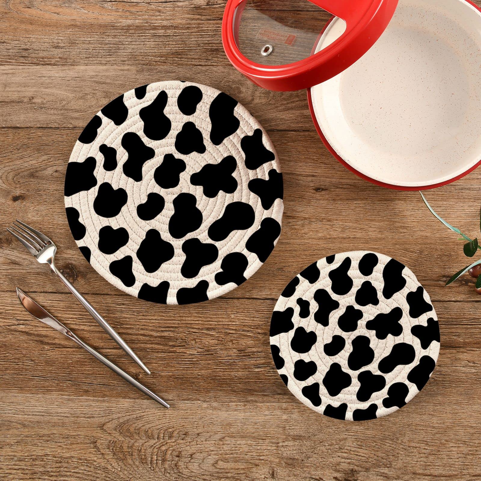 Cow Hide Pot Holders Set Trivets Set 2 PCS Heat Resistant Round Coasters Cotton Thread Weave Hot Pads for Hot Dishes Pot Pans Bowl