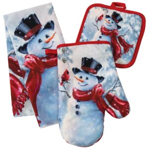 snowman and cardinal christmas towel and potholder set of 3