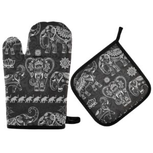 oven mit pot holder for kitchen elephants black white hot pad non-slip potholder set for baking, grilling