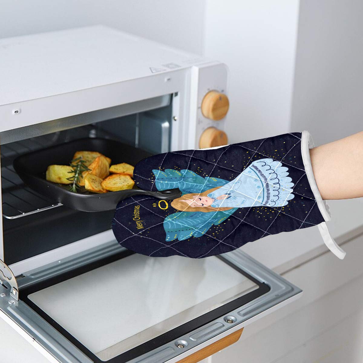 FCZ Oven Mitts and Pot Holders Heat Resistant Kitchen Gloves Non Slip Oven Mitts and Hot Pads BBQ Gloves and Hot Pads for Kitchen Cooking Baking Grilling Christmas Blonde Praying Angel