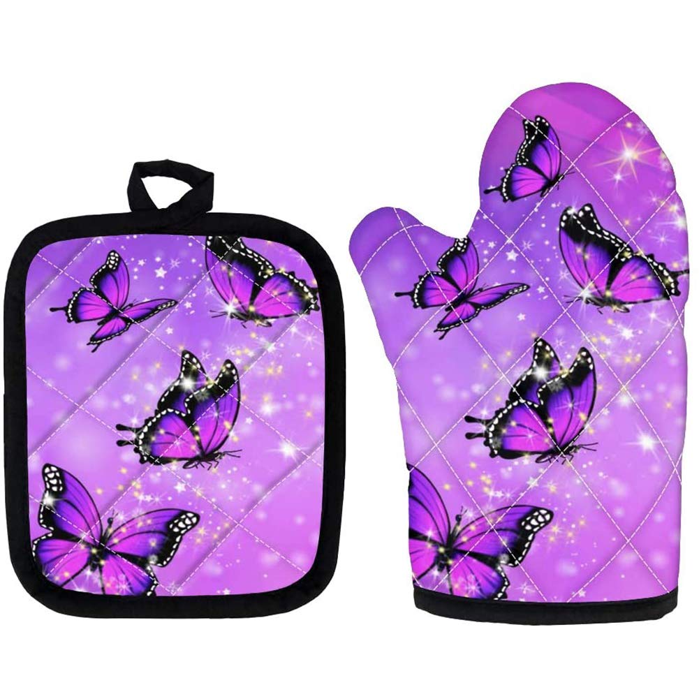 doginthehole 2 Piece Oven Mitts and Pot Holders Sets Purple Butterfly Print Oven Gloves Non Slip Heat Resistant Pot Holders for BBQ,Cooking,Baking,Kitchen,Grilling