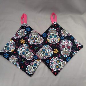 Potholder Set in a Pop Sugar Skull Fabric Print by Sewuseful Studios