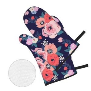 KLATIE Flower Oven Mitts and Pot Holders Sets of 4, Heat Resistant Oven Mits Potholders, Oven Mit for Kitchen, Cooking, Baking, Grilling, Dark Blue