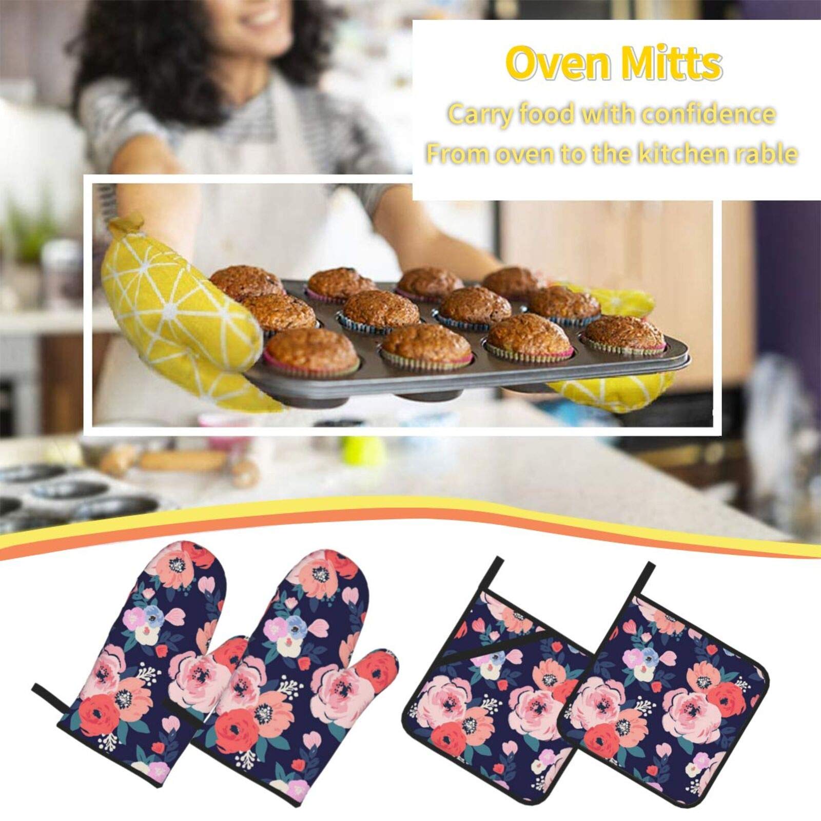 KLATIE Flower Oven Mitts and Pot Holders Sets of 4, Heat Resistant Oven Mits Potholders, Oven Mit for Kitchen, Cooking, Baking, Grilling, Dark Blue