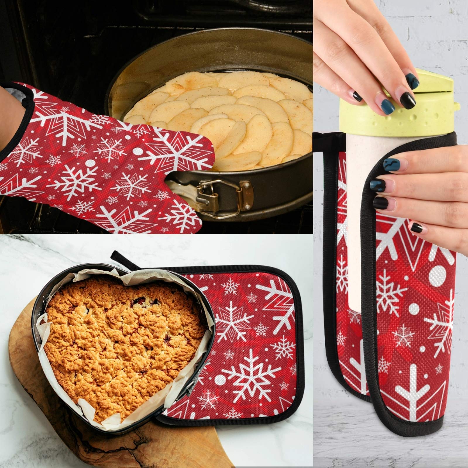 Winter Red Snowflakes Oven Mitts & Pot Holders 2pcs Christmas Xmas Kitchen Heat Resistant Non-Slip Potholders Set for Cooking Baking BBQ