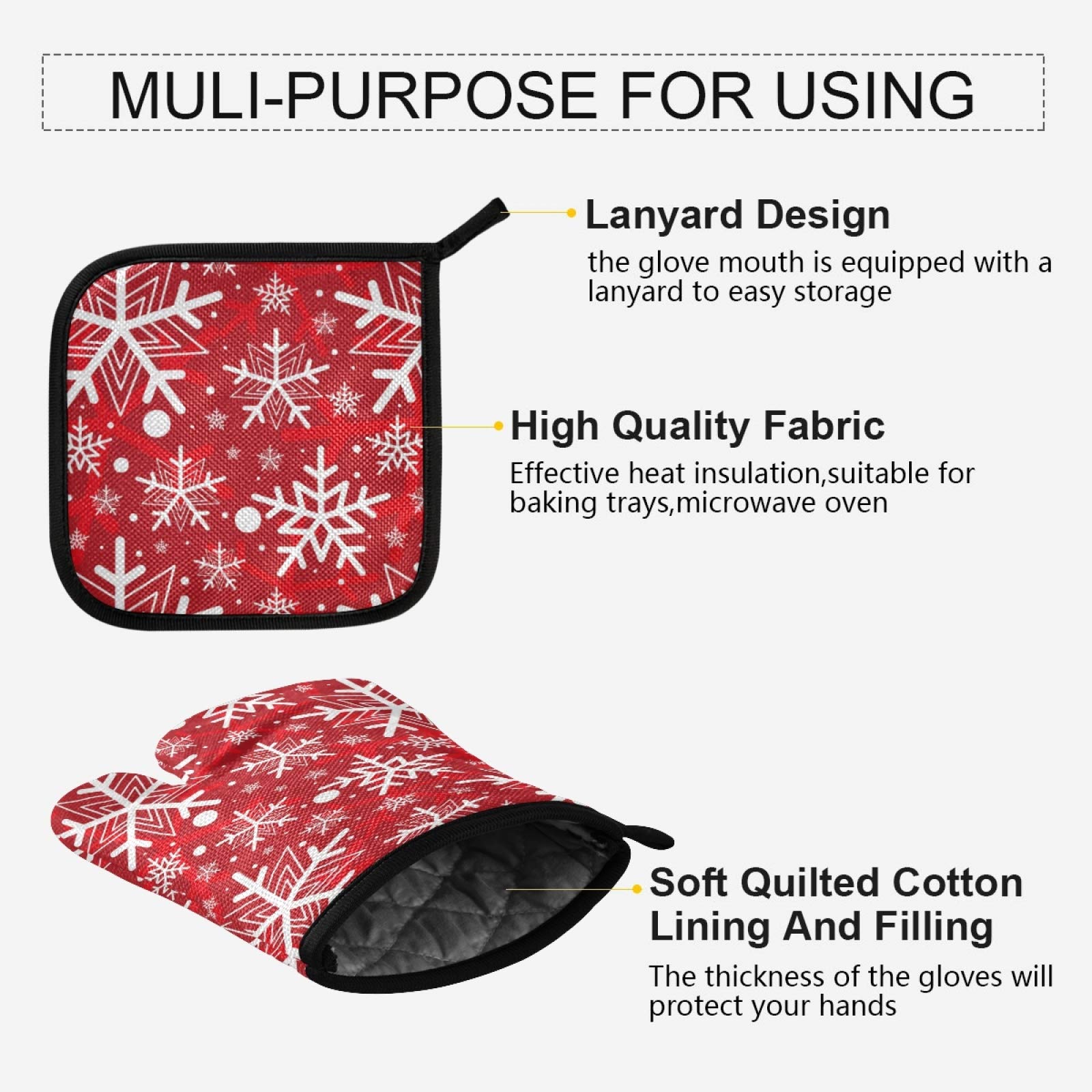 Winter Red Snowflakes Oven Mitts & Pot Holders 2pcs Christmas Xmas Kitchen Heat Resistant Non-Slip Potholders Set for Cooking Baking BBQ