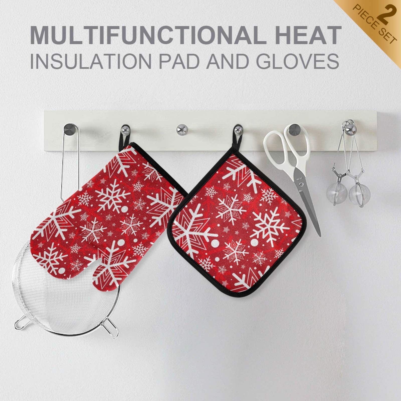 Winter Red Snowflakes Oven Mitts & Pot Holders 2pcs Christmas Xmas Kitchen Heat Resistant Non-Slip Potholders Set for Cooking Baking BBQ