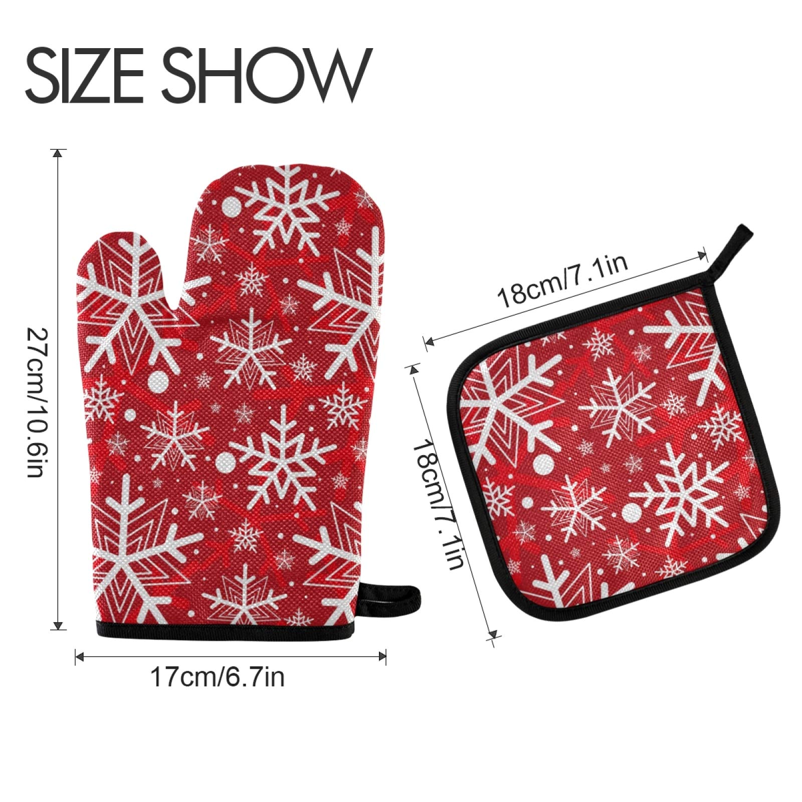 Winter Red Snowflakes Oven Mitts & Pot Holders 2pcs Christmas Xmas Kitchen Heat Resistant Non-Slip Potholders Set for Cooking Baking BBQ