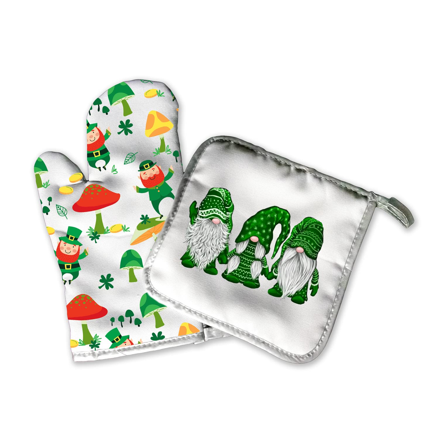 St Paddys Day | Saint Patricks Day | Spring Decorative Kitchen Hot Plate Pot Holder Oven Mitt Set | Leprechaun Shamrock Clover Green Gold Gnome | Cute Home Decor (Paddy's Day Gnomes)