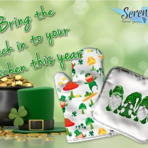 St Paddys Day | Saint Patricks Day | Spring Decorative Kitchen Hot Plate Pot Holder Oven Mitt Set | Leprechaun Shamrock Clover Green Gold Gnome | Cute Home Decor (Paddy's Day Gnomes)