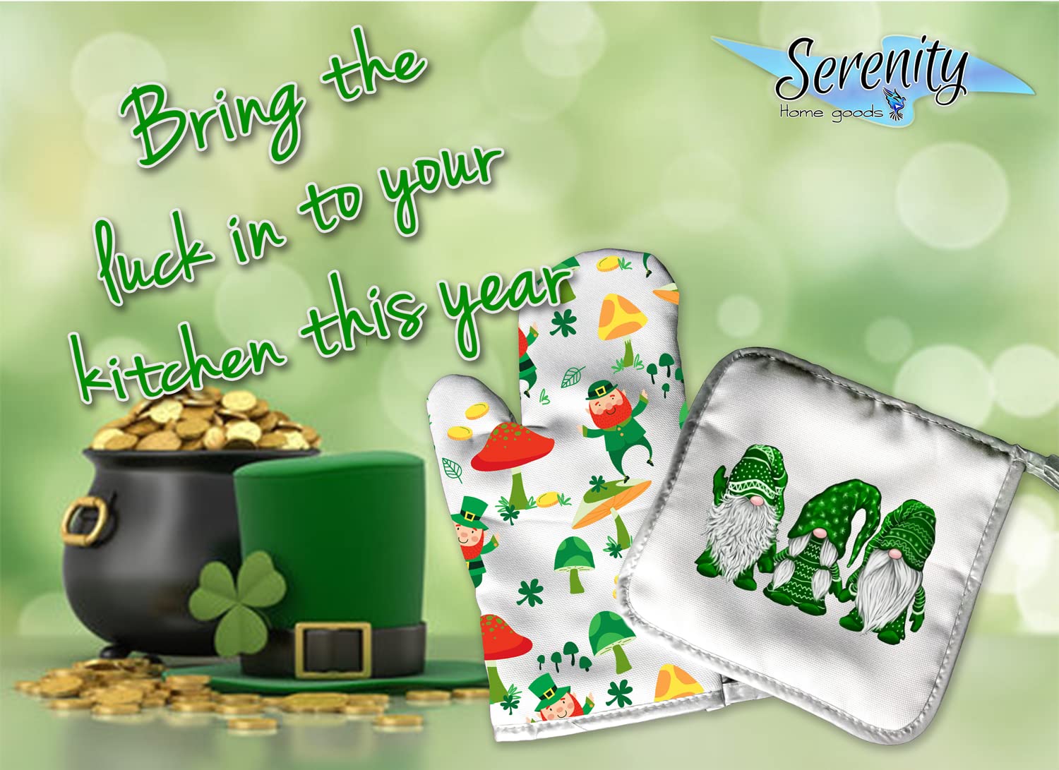 St Paddys Day | Saint Patricks Day | Spring Decorative Kitchen Hot Plate Pot Holder Oven Mitt Set | Leprechaun Shamrock Clover Green Gold Gnome | Cute Home Decor (Paddy's Day Gnomes)