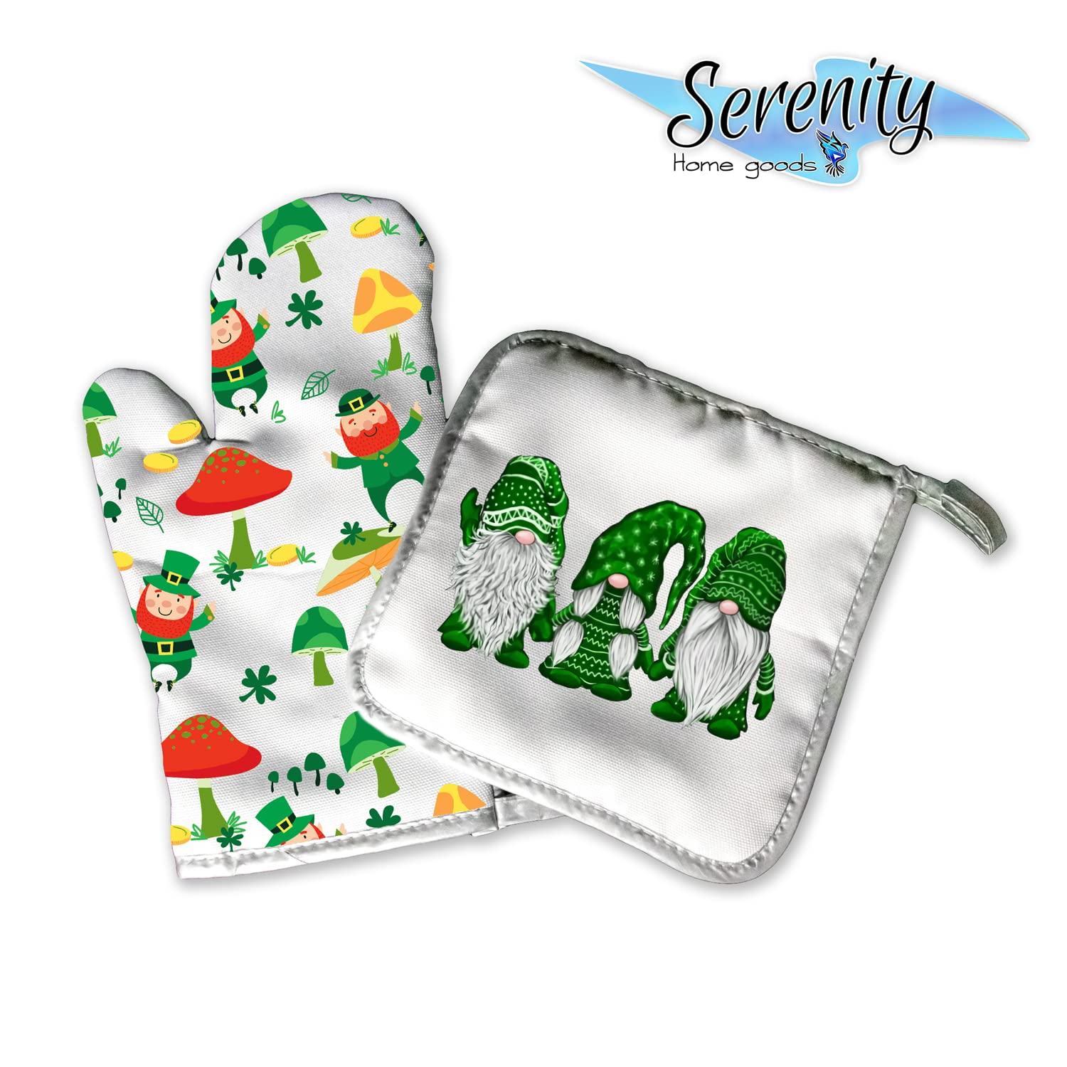 St Paddys Day | Saint Patricks Day | Spring Decorative Kitchen Hot Plate Pot Holder Oven Mitt Set | Leprechaun Shamrock Clover Green Gold Gnome | Cute Home Decor (Paddy's Day Gnomes)