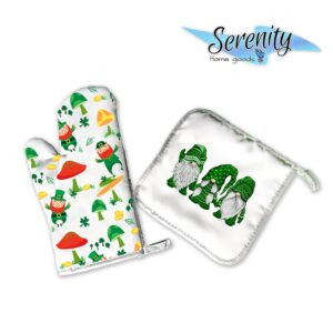 St Paddys Day | Saint Patricks Day | Spring Decorative Kitchen Hot Plate Pot Holder Oven Mitt Set | Leprechaun Shamrock Clover Green Gold Gnome | Cute Home Decor (Paddy's Day Gnomes)