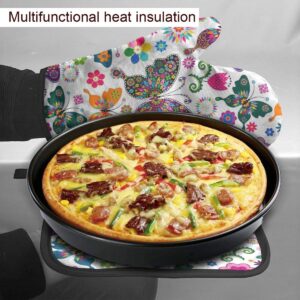 Colorful Butterflies and Flowers Oven Mitts Pot Holders Set, Heat Resistant Kitchen Waterproof with Inner Cotton Layer for Cooking BBQ Baking