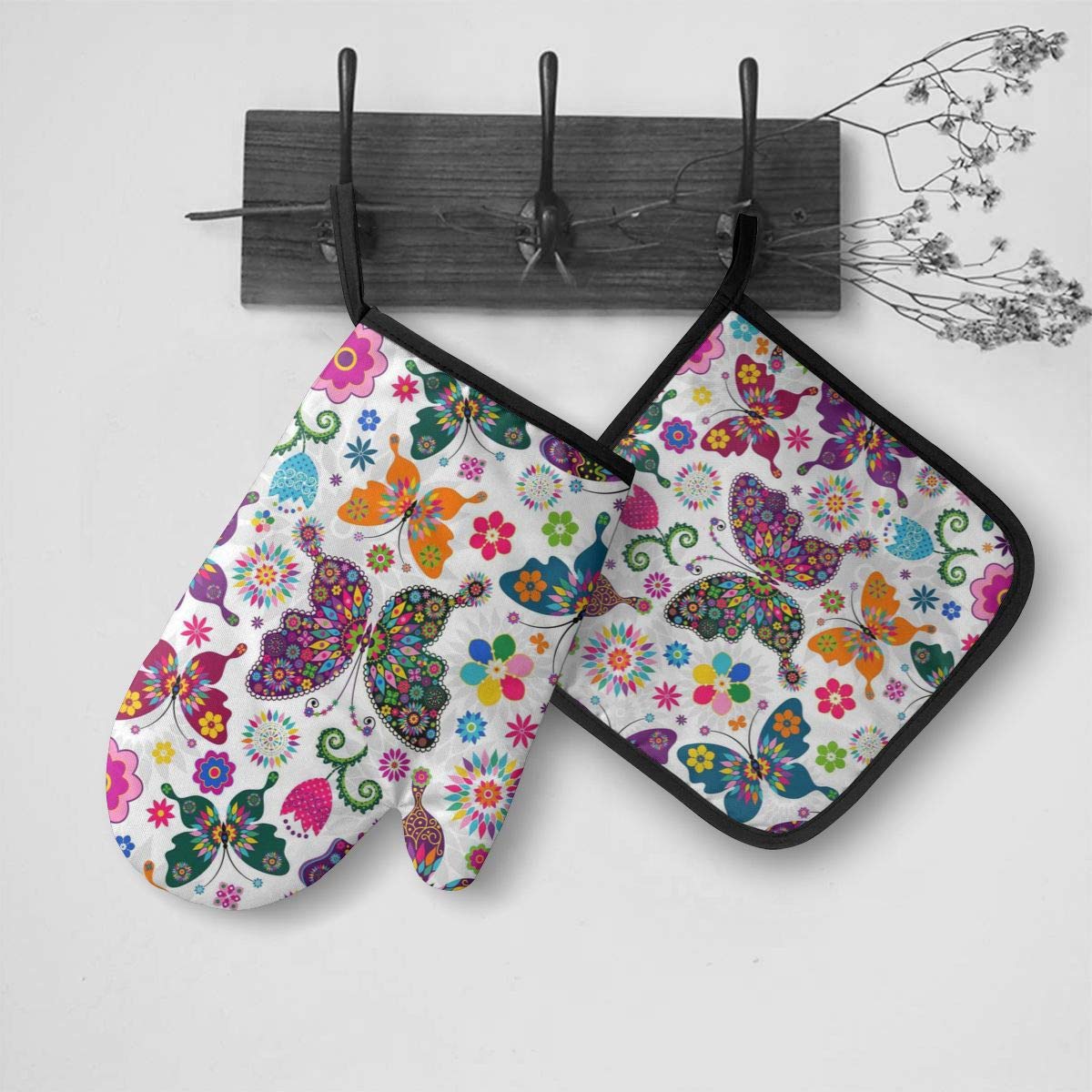 Colorful Butterflies and Flowers Oven Mitts Pot Holders Set, Heat Resistant Kitchen Waterproof with Inner Cotton Layer for Cooking BBQ Baking