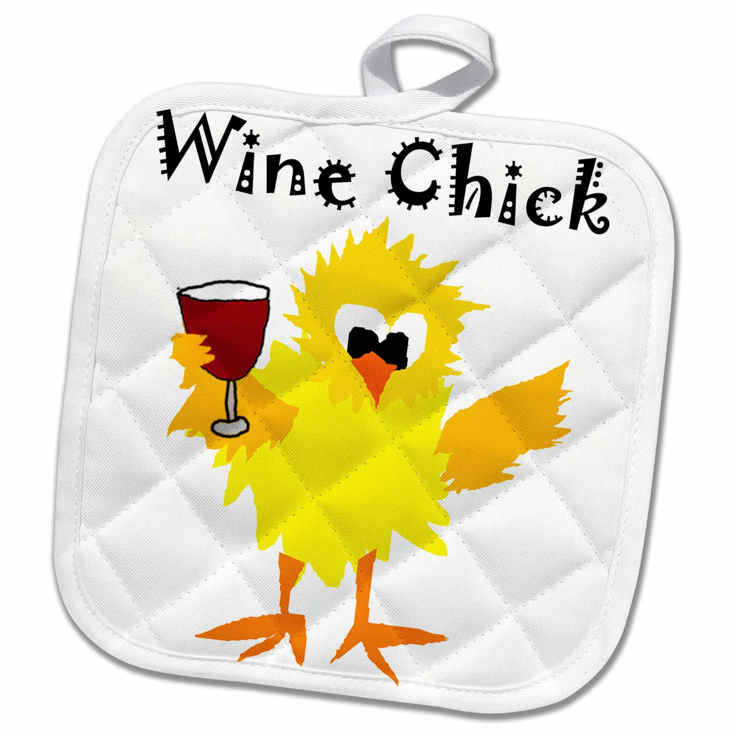 3D Rose Cool Funny Chick with Chicken Holding Red Wine Glass Pot Holder, 8 x 8