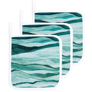 Teal Ombre Pot Holders for Kitchen Heat Insulation, Watercolor Modern Turquoise Abstract Art Aesthetics Potholders Hot Pads with Hanging Loop, Washable Oven Pot Holder Trivet for Cooking Baking 3 Pack