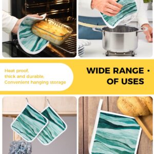 Teal Ombre Pot Holders for Kitchen Heat Insulation, Watercolor Modern Turquoise Abstract Art Aesthetics Potholders Hot Pads with Hanging Loop, Washable Oven Pot Holder Trivet for Cooking Baking 3 Pack