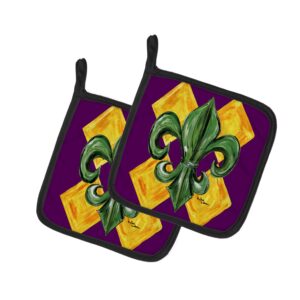 caroline's treasures 8133pthd mardi gras fleur de lis purple green and gold pair of pot holders kitchen heat resistant pot holders sets oven hot pads for cooking baking bbq, 7 1/2 x 7 1/2