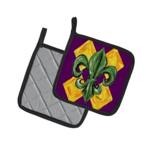 Caroline's Treasures 8133PTHD Mardi Gras Fleur de lis Purple Green and Gold Pair of Pot Holders Kitchen Heat Resistant Pot Holders Sets Oven Hot Pads for Cooking Baking BBQ, 7 1/2 x 7 1/2