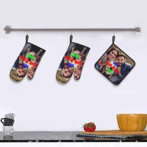 Custom Oven Mitts and Pot Holders Set for Kitchen Personalized Your Own Image Photo Logo Text Heat Resistant Kitchen Oven Glove and Potholders Oven Hot Pads for Kitchen Cooking Baking BBQ