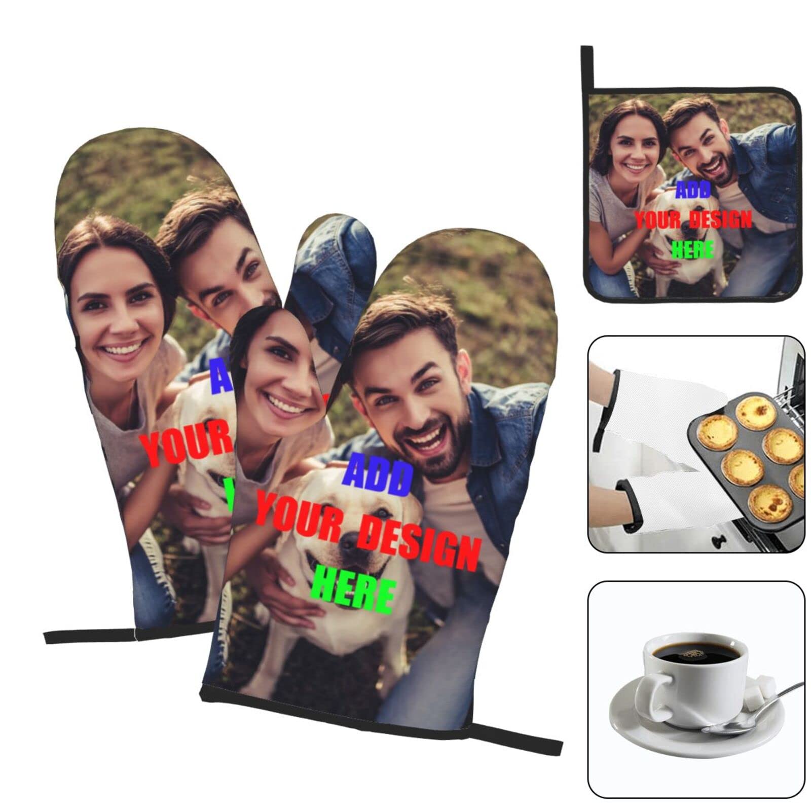 Custom Oven Mitts and Pot Holders Set for Kitchen Personalized Your Own Image Photo Logo Text Heat Resistant Kitchen Oven Glove and Potholders Oven Hot Pads for Kitchen Cooking Baking BBQ