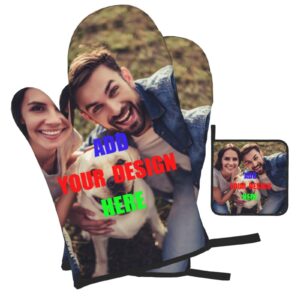 Custom Oven Mitts and Pot Holders Set for Kitchen Personalized Your Own Image Photo Logo Text Heat Resistant Kitchen Oven Glove and Potholders Oven Hot Pads for Kitchen Cooking Baking BBQ