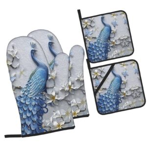 Beautiful Peacock Oven Mitts and Pot Holders,High Heat Resistant,Non-Slip Surface Soft Inner Lining for Cooking Baking