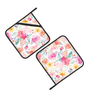 Colorful Flowers Pot Holders Set Heat Resistant Non Slip Oven Hot Pads with Hand Pockets and Hanging Loops for Kitchen Baking Cooking,Set of 2